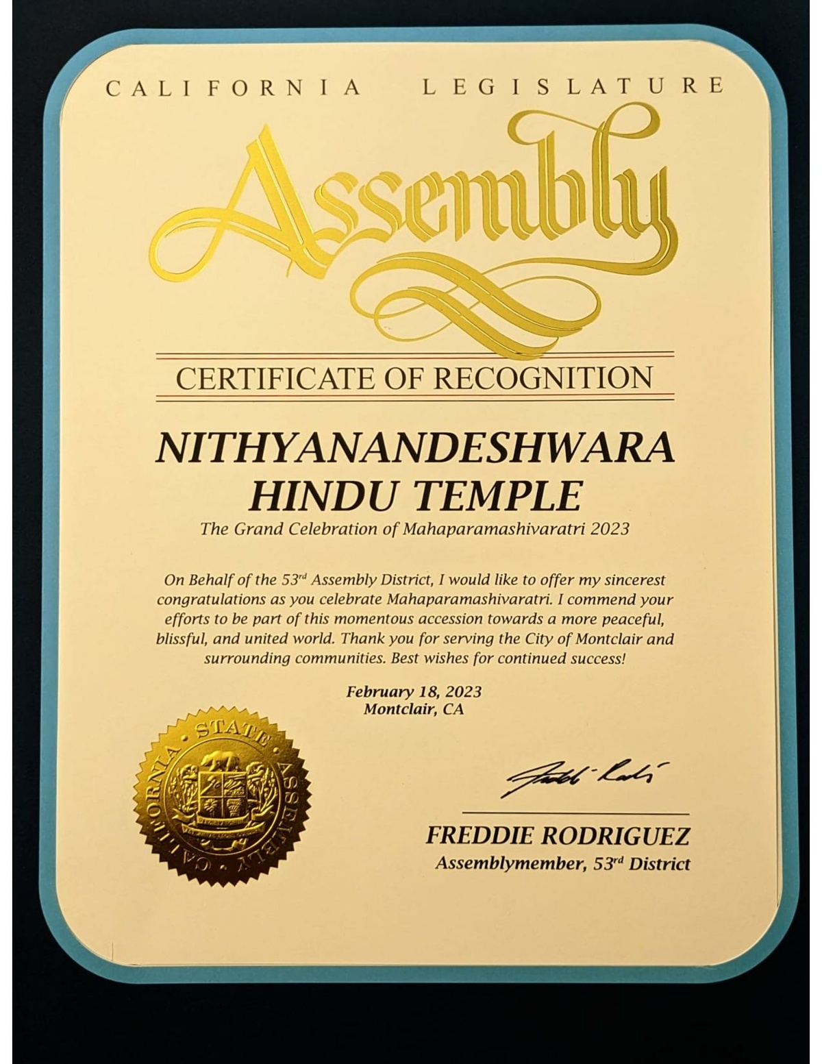 File:Certificate of Recognition by CA Assemblymember Freddy Rodriguez.pdf - Nithyanandapedia