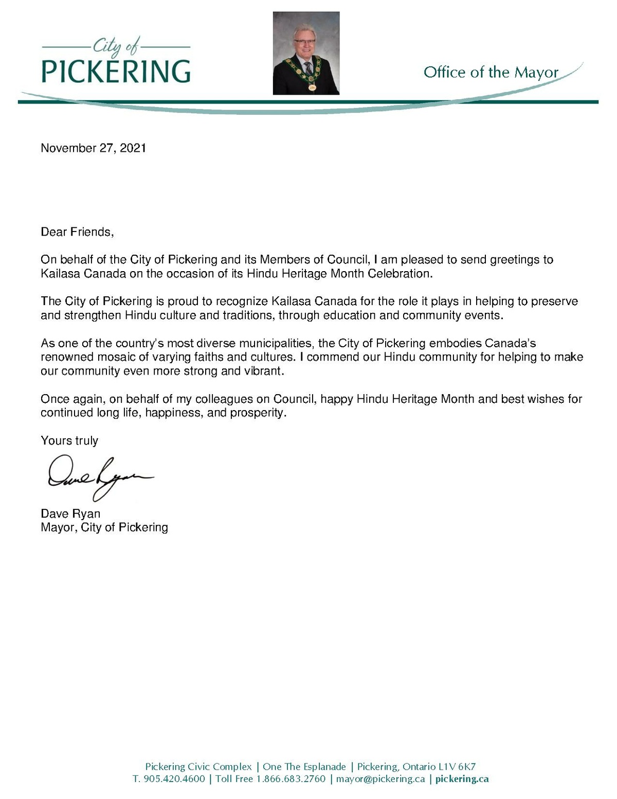 File:Letter from Mayor Dave Ryan - Pickering, Ontario, Canada.pdf ...