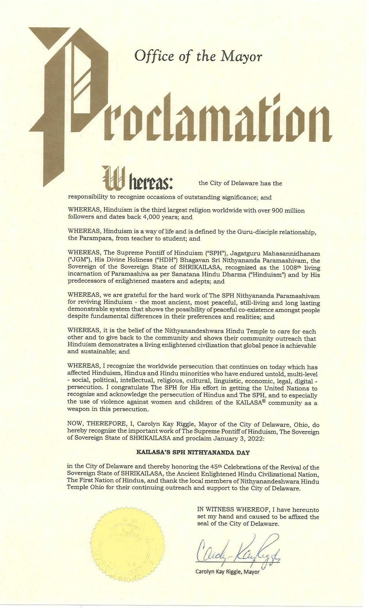 File:Proclamation by Mayor Carolyn Kay Riggle.pdf - Nithyanandapedia